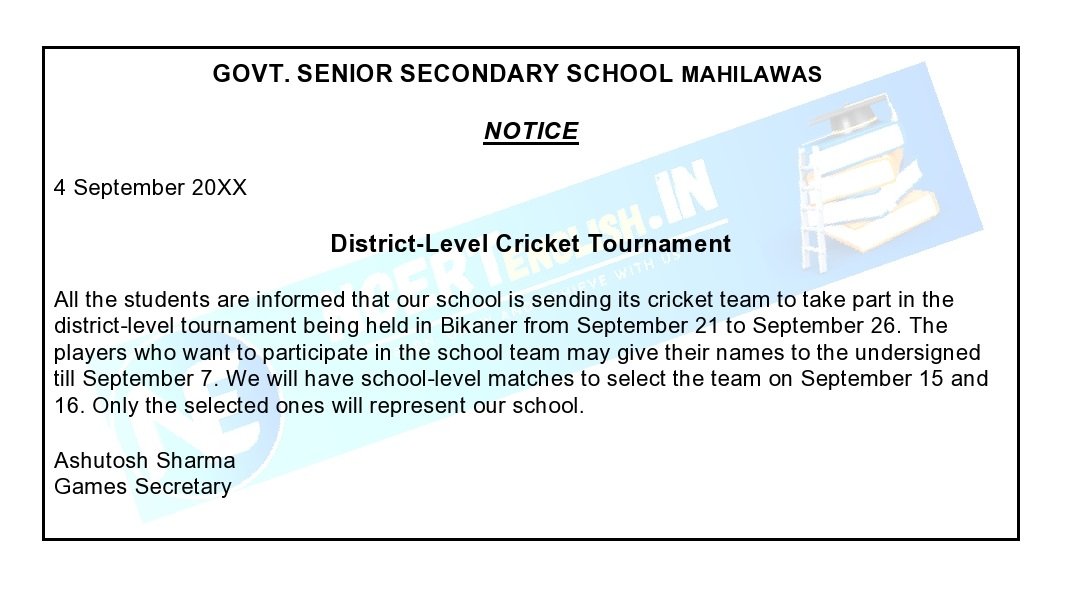 Format of Notice Writing for Class 10 to 12