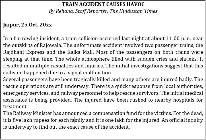 Report Writing on Train Accident Class 11 and 12